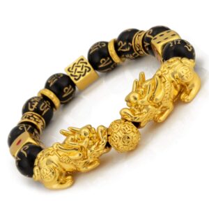 zenbless feng shui black obsidian bracelet pixiu bracelet for women men prosperity double pi xiu/pi yao black mantra bead bracelet with golden dice attract wealth and good luck