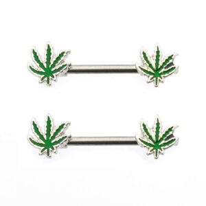 luxe modz marijuana weed leaf nipple rings 14g surgical steel nipple ring barbell nipple piercing jewelry for women 14mm - 9/16" barbell pot leaf green nipplerings (set of 2)