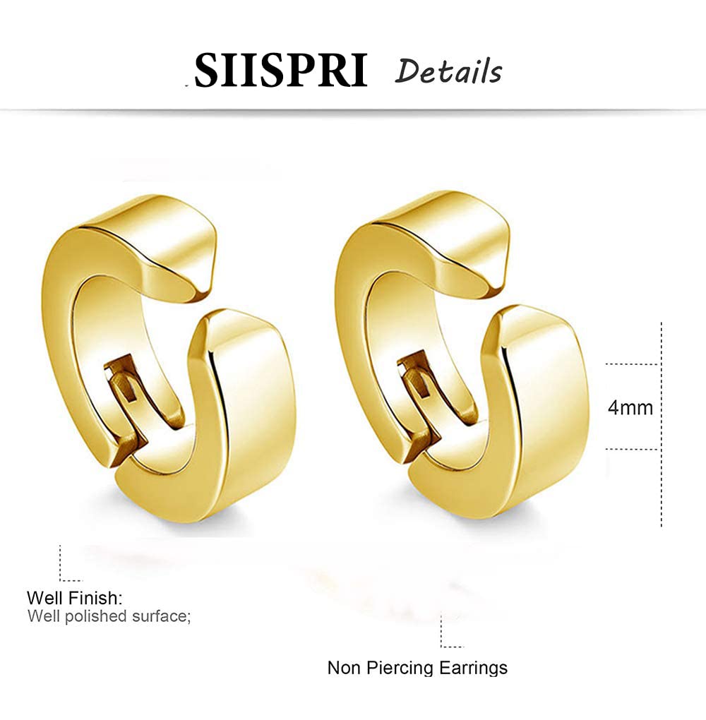 Stainless Steel Mens Womens Clip On Earrings Hoop Huggie Non-Piercing 3 Pairs (1 Pairs(gold))