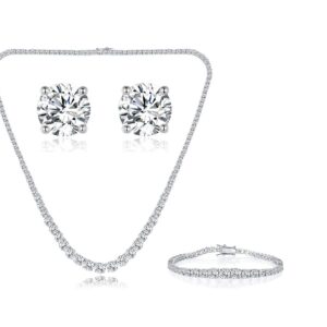 Gemsme 18K White Gold Plated Graduated Round Cubic Zirconia Tennis Necklace/Bracelet/Earrings Sets Pack of 3