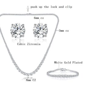 Gemsme 18K White Gold Plated Graduated Round Cubic Zirconia Tennis Necklace/Bracelet/Earrings Sets Pack of 3