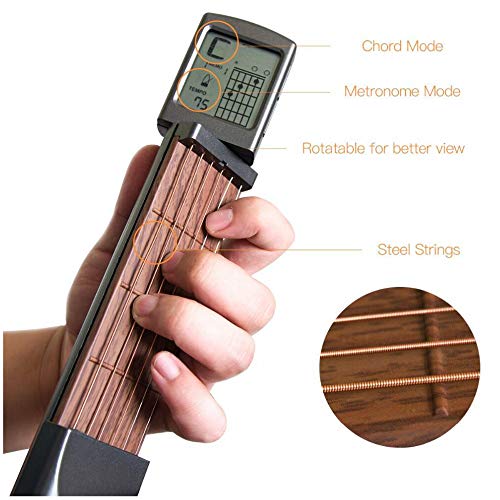 Pocket Guitar Chord Practice Tool, Portable Guitar Neck for Trainer Beginner w/a Rotatable Chords Chart Screen (Battery Included)