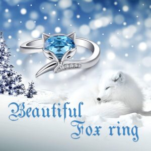 AOBOCO Sterling Silver Fox Ring for Women, Simulated Aquamarine Birthstone Crystal from Austria, Animal Fox Tail Adjustable Open Ring, Anniversary Birthday Fox Jewelry Gifts for Foxes Lovers(Blue)