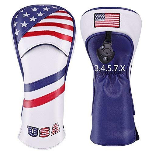 PLUSKER Golf Fairway Wood Head Cover Patriotic USA Flag Stars and Stripes Pattern Synthetic Leather Headcover with Interchangeable Number Tags 3, 4, 5, 7, X