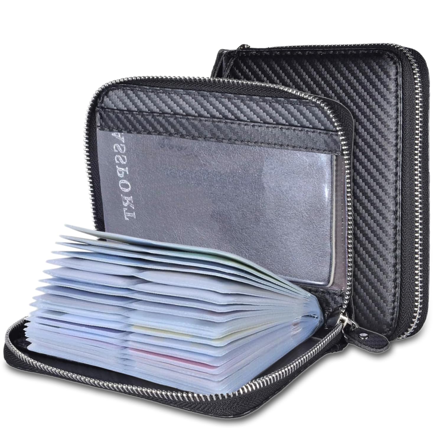 YUHAN PRETTY Credit Card Holder Wallet Large Leather Passport Case 42 Card Slots (Carbon Fiber Leather - Black)