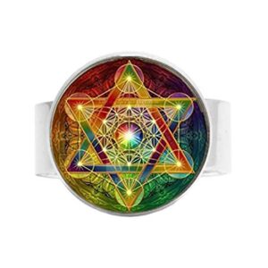 Metatron Cube Women Magic Hexagram Ring Vintage Sacred Geometry Flower of Life Art Photo Jewelry