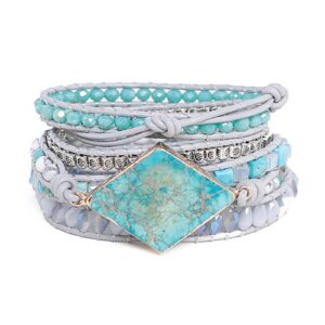 ygline wrap bracelets crystal beaded bohemian style jasper leather woven healing stone jewelry(blue)