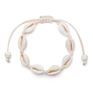 fesciory puka shell anklet for women summer natural cowrie adjustable ankle bracelet, handmade boho hawaiian beach seashell jewelry (shell anklet beige rope)