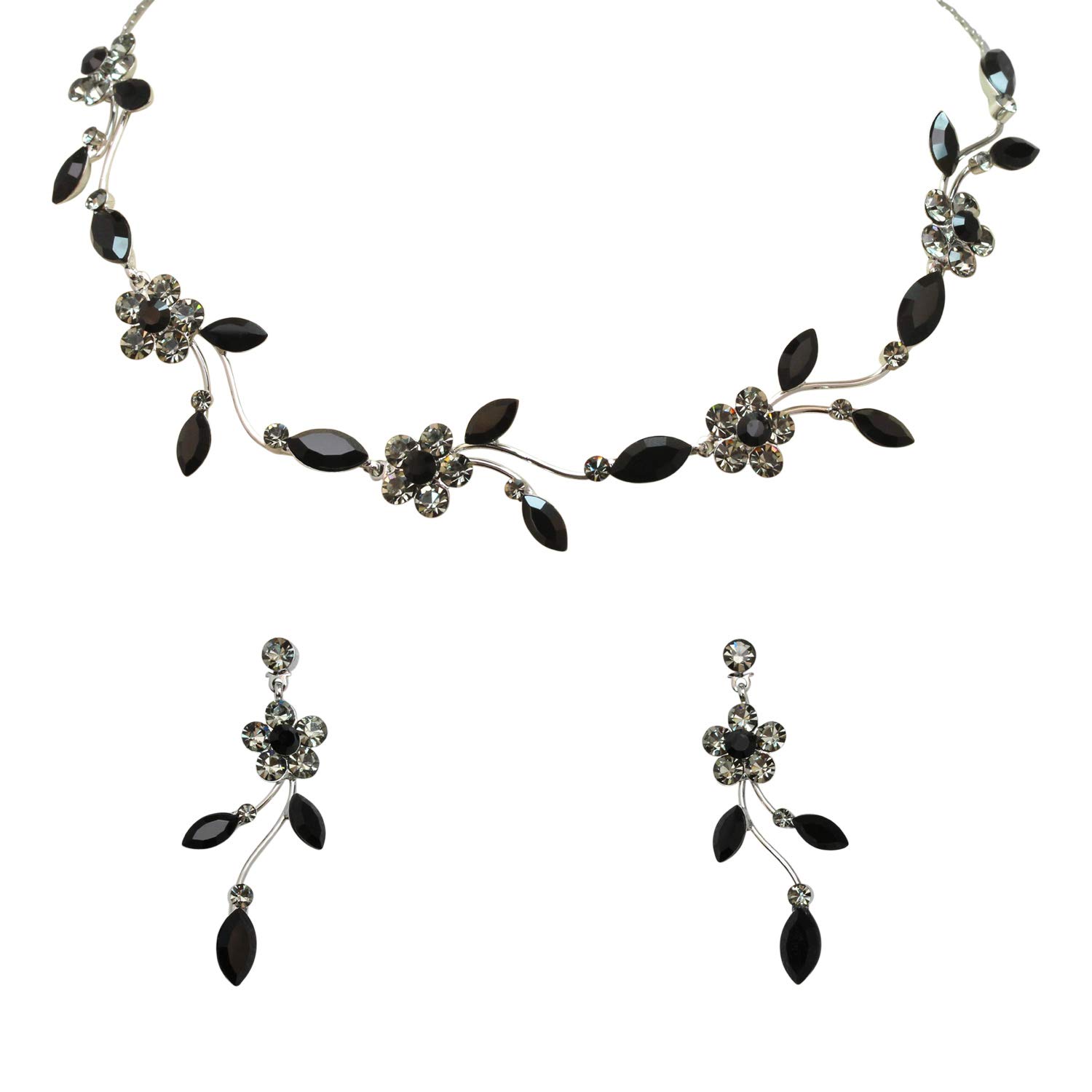 Faship Gorgeous Black Rhinestone Crystal Floral Necklace Earrings Set - Black