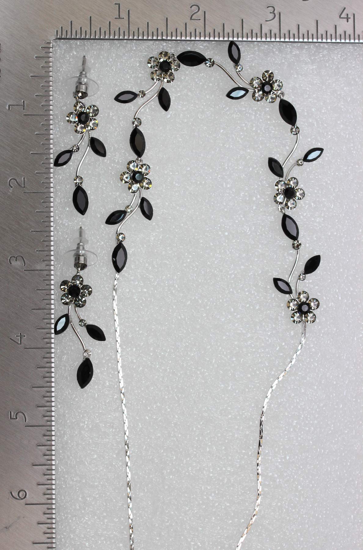 Faship Gorgeous Black Rhinestone Crystal Floral Necklace Earrings Set - Black