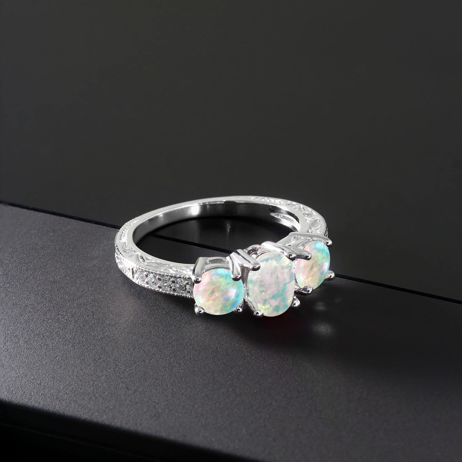 Gem Stone King 10K White Gold White Opal and White Lab Grown Diamond 3 Stone Engagement Ring For Women (2.04 Cttw, Oval Cabochon Gemstone October Birthstone, Available in size 5, 6, 7, 8, 9)