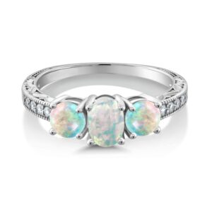 Gem Stone King 10K White Gold White Opal and White Lab Grown Diamond 3 Stone Engagement Ring For Women (2.04 Cttw, Oval Cabochon Gemstone October Birthstone, Available in size 5, 6, 7, 8, 9)