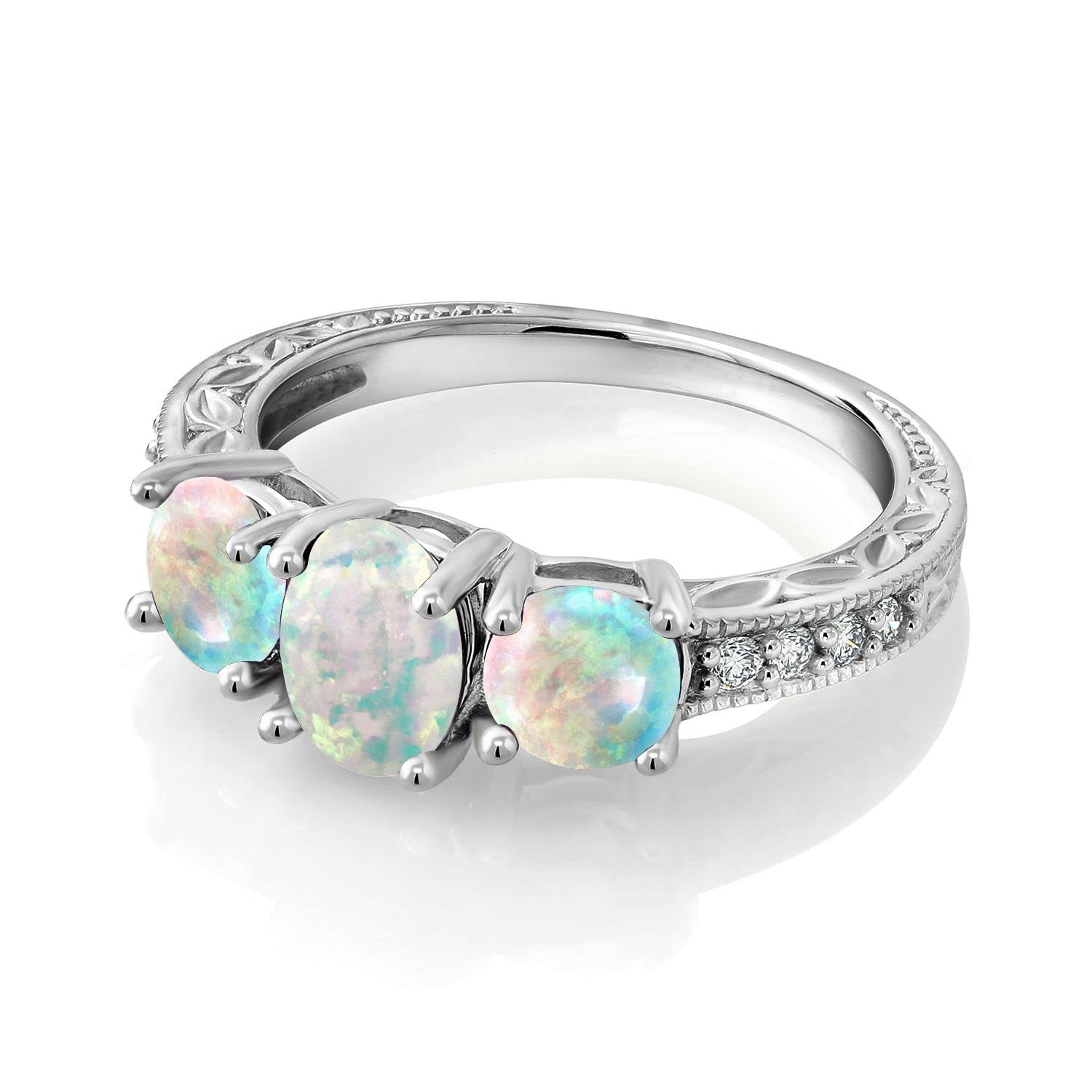 Gem Stone King 10K White Gold White Opal and White Lab Grown Diamond 3 Stone Engagement Ring For Women (2.04 Cttw, Oval Cabochon Gemstone October Birthstone, Available in size 5, 6, 7, 8, 9)