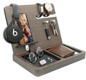 namore | gift for men husband, anniversary, birthday | wood phone docking station | ideal as office and nightstand organizer | organize your watch, wallet, cellphone, keys, airpods