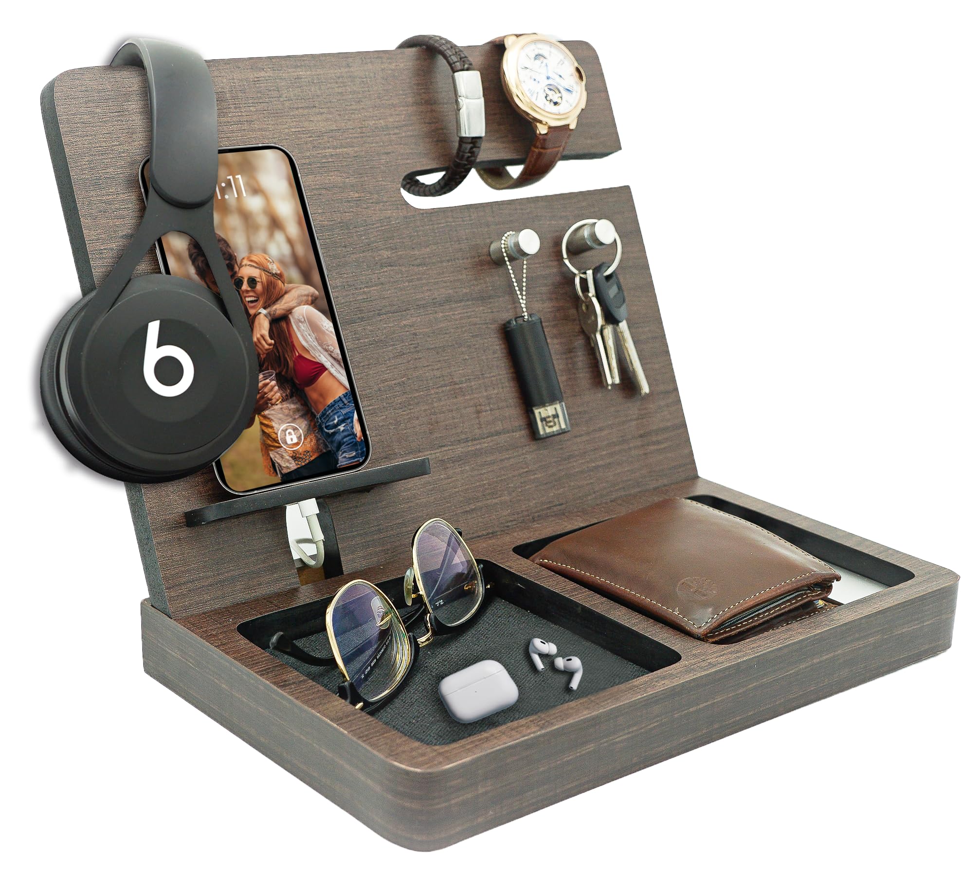 Namore | Gift for Men Husband, Anniversary, Birthday | Wood Phone Docking Station | Ideal as Office and Nightstand Organizer | Organize your Watch, Wallet, Cellphone, Keys, Airpods