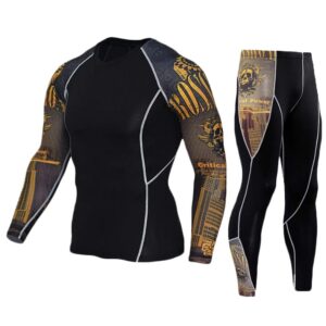 men's workout set compression shirt and pants top long sleeve sports tight base layer suit quick dry & moisture-wicking yellow m