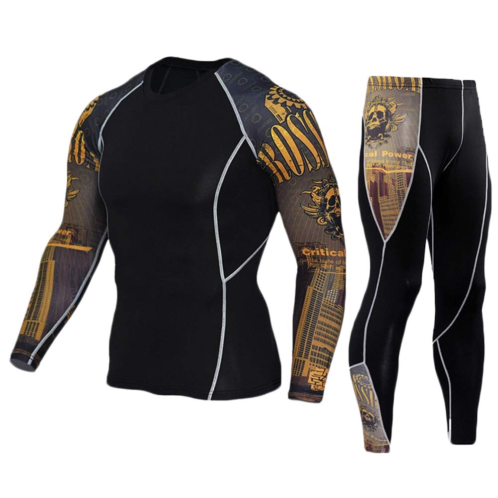 Men's Workout Set Compression Shirt and Pants Top Long Sleeve Sports Tight Base Layer Suit Quick Dry & Moisture-Wicking Yellow M