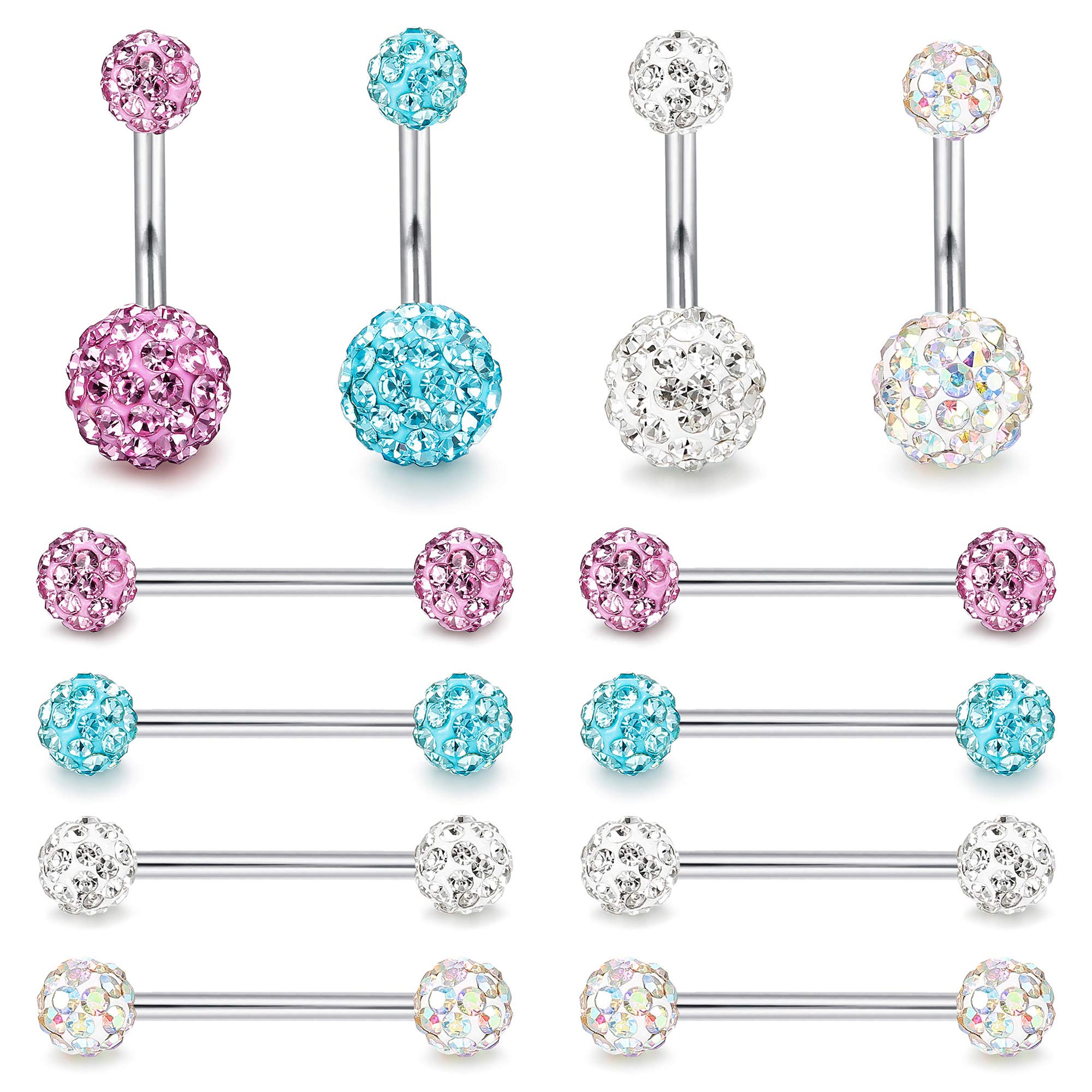 ORAZIO 14G Nipplerings Nipple Tongue Belly Button Rings Stainless Steel Rhinestone Crystal Disco Ball Barbell Body Piercing Jewelry