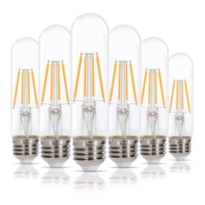 simba lighting led t10 tubular edison filament light bulbs (6 pack) 4w dimmable 40w equivalent 120v for cabinet display, piano lamps, clear glass decorative, standard medium e26 base, warm white 2700k