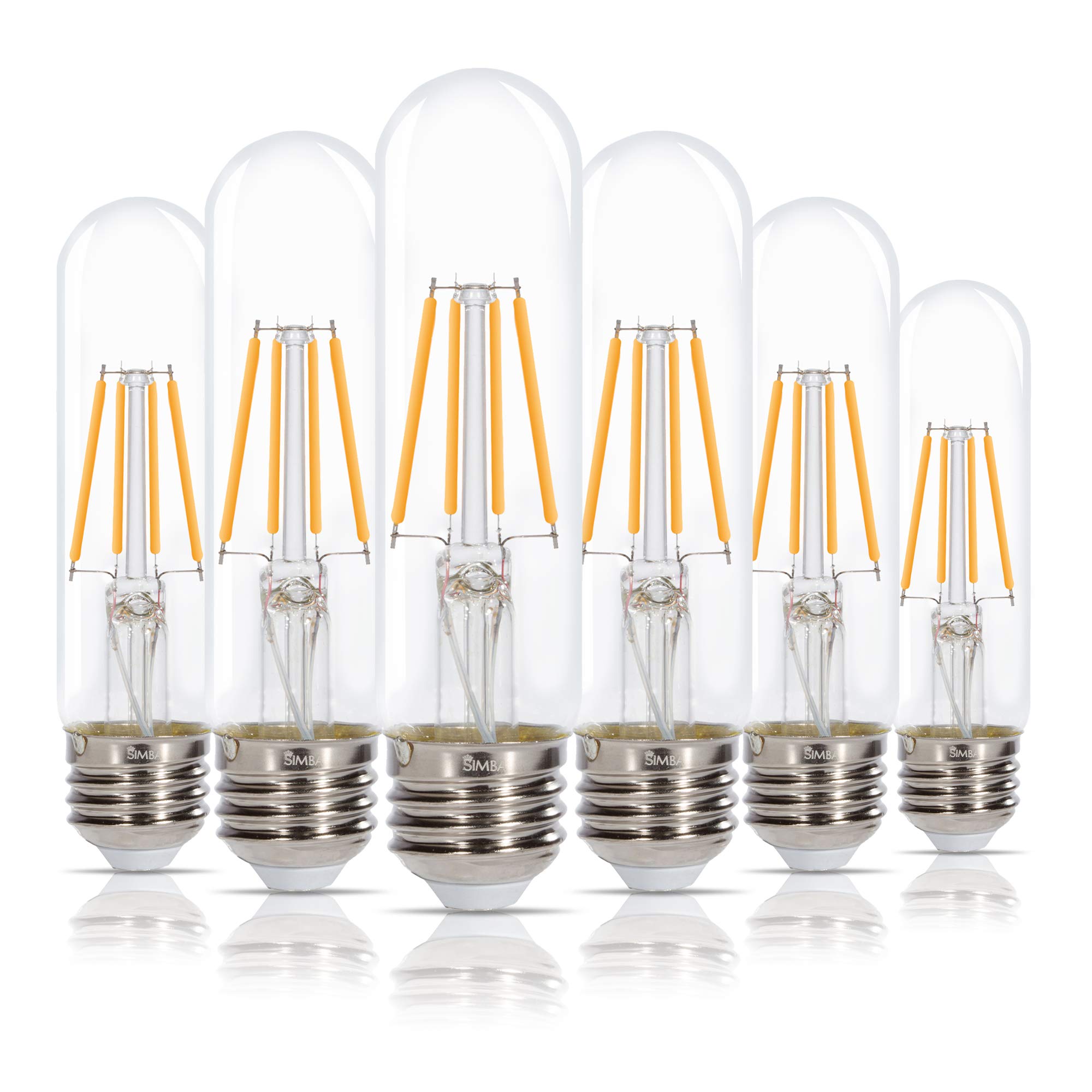 Simba Lighting LED T10 Tubular Edison Filament Light Bulbs (6 Pack) 4W Dimmable 40W Equivalent 120V for Cabinet Display, Piano Lamps, Clear Glass Decorative, Standard Medium E26 Base, Warm White 2700K