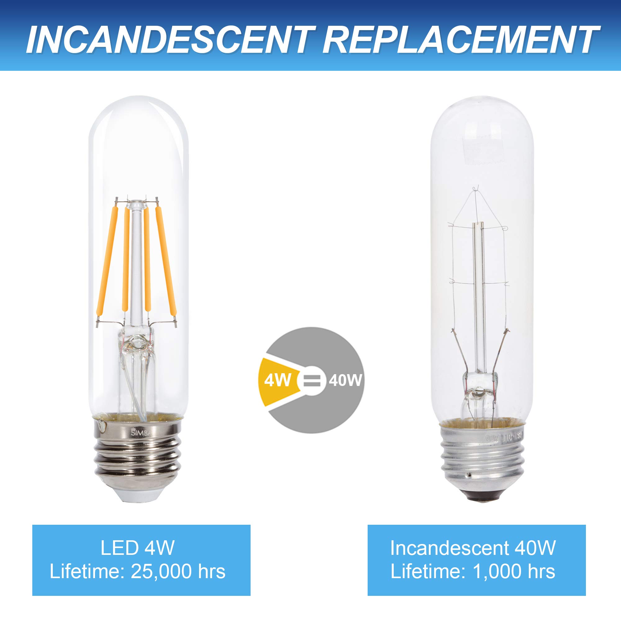 Simba Lighting LED T10 Tubular Edison Filament Light Bulbs (6 Pack) 4W Dimmable 40W Equivalent 120V for Cabinet Display, Piano Lamps, Clear Glass Decorative, Standard Medium E26 Base, Warm White 2700K