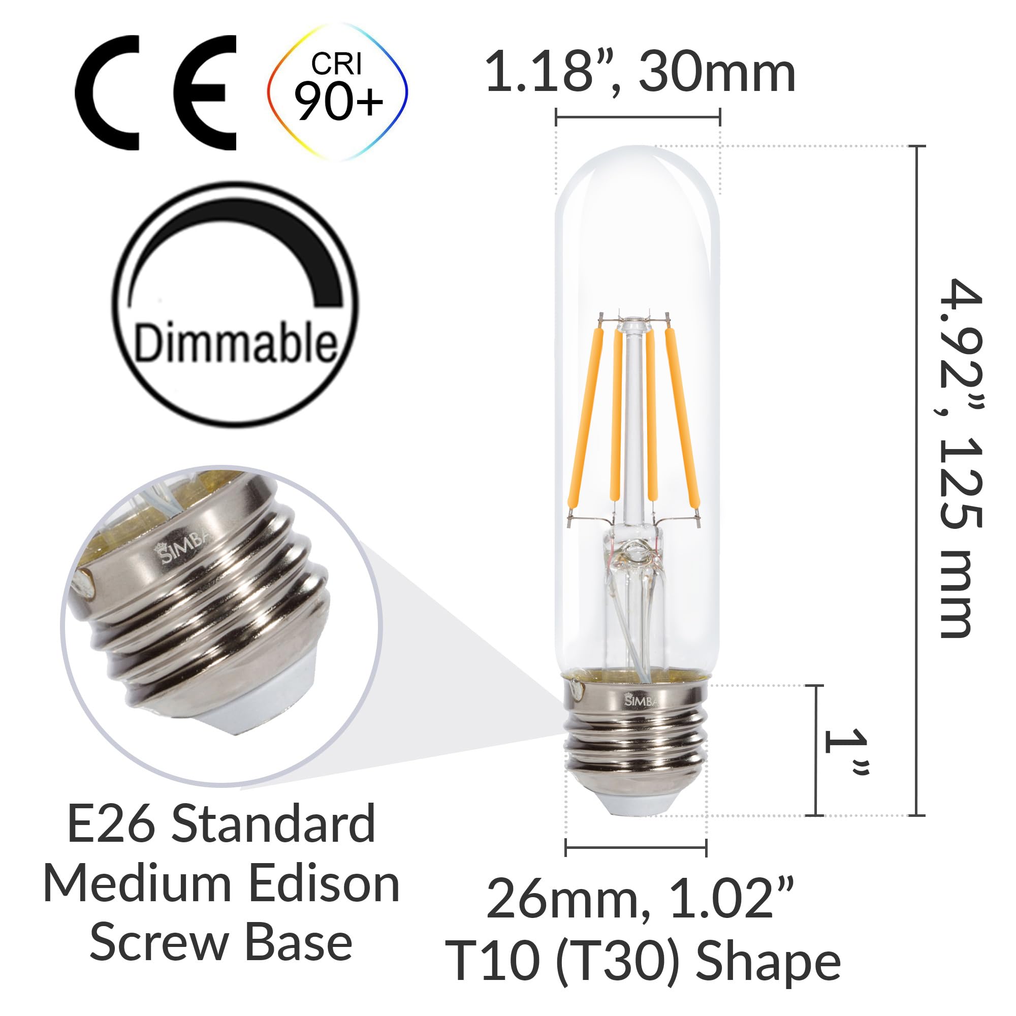 Simba Lighting LED T10 Tubular Edison Filament Light Bulbs (6 Pack) 4W Dimmable 40W Equivalent 120V for Cabinet Display, Piano Lamps, Clear Glass Decorative, Standard Medium E26 Base, Warm White 2700K