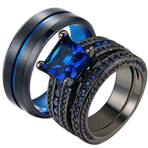 ringcrown couple rings black gold filled princess cut blue cz womens wedding ring sets man tungsten wedding band（please buy two rings for one pair）