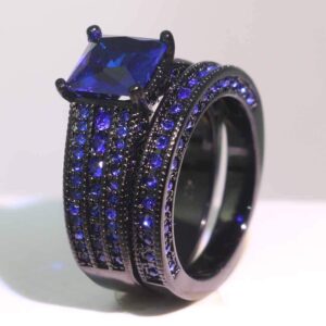 Ringcrown Couple Rings Black Gold Filled Princess Cut Blue Cz Womens Wedding Ring Sets Man Tungsten Wedding Band（Please Buy Two Rings for one Pair）