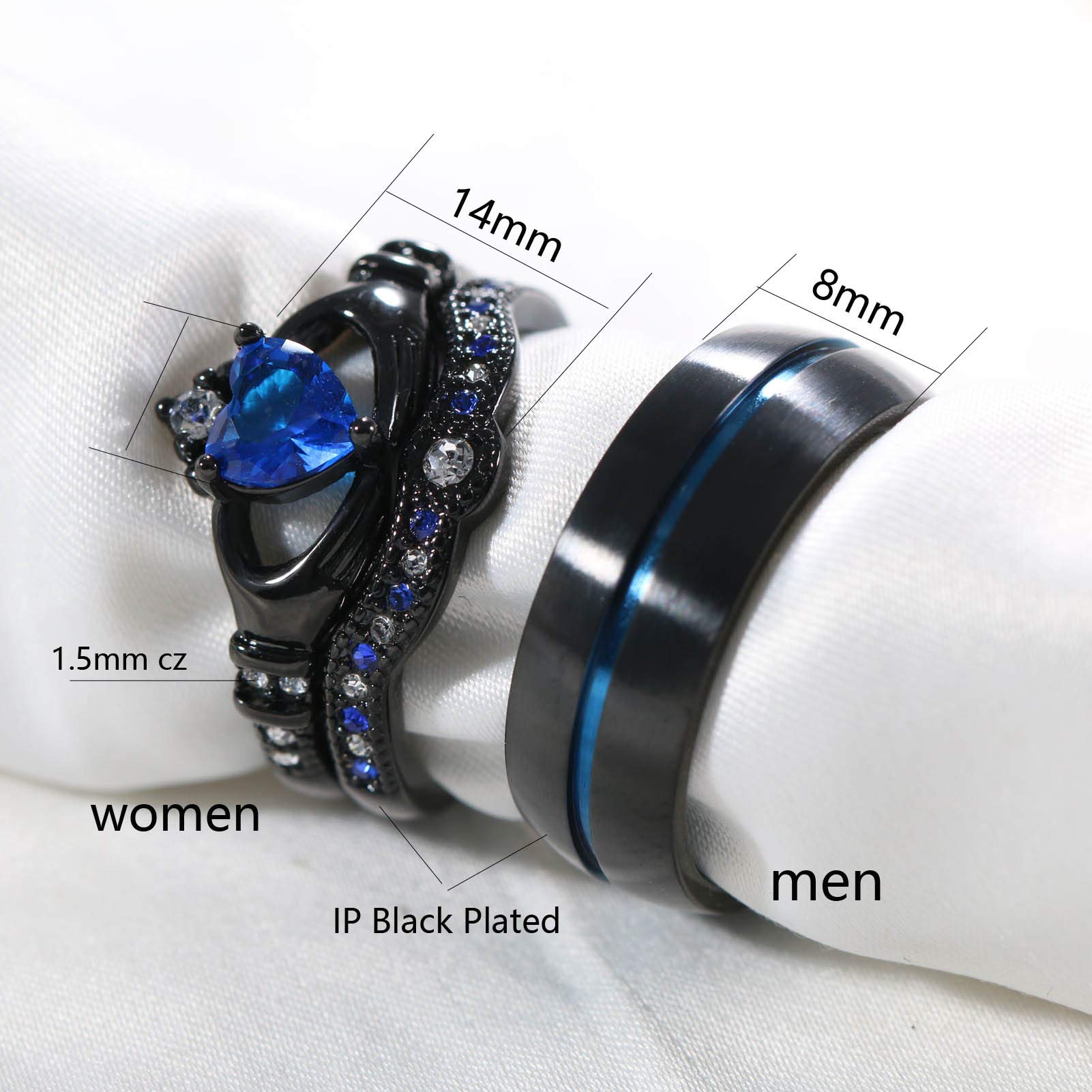 Ringcrown Couple Rings Black Gold Filled Heart Blue Cz Claddagh Ring Womens Wedding Ring Sets Man Tungsten Wedding Band