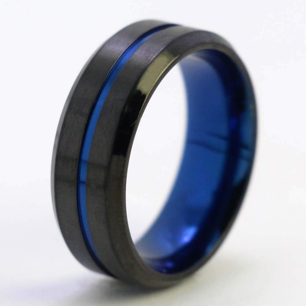 Ringcrown Couple Rings Black Gold Filled Princess Cut Blue Cz Womens Wedding Ring Sets Man Tungsten Wedding Band（Please Buy Two Rings for one Pair）