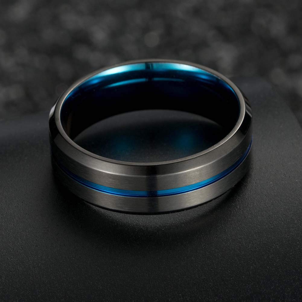 Ringcrown Couple Rings Black Gold Filled Princess Cut Blue Cz Womens Wedding Ring Sets Man Tungsten Wedding Band（Please Buy Two Rings for one Pair）