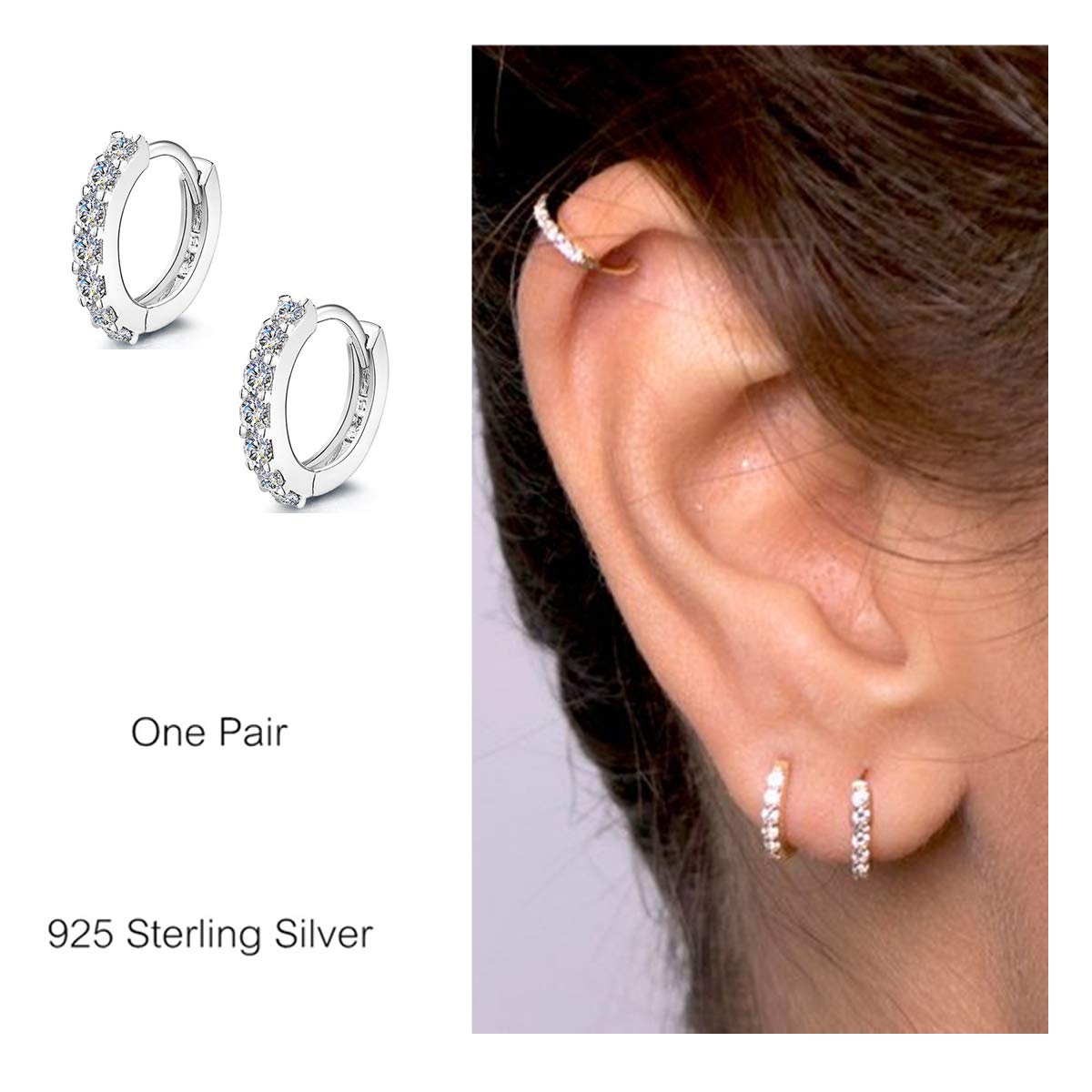 925 Sterling Silver Hoop Earrings Cubic Zirconia Cartilage Earring for Women Small Huggie Piercing Earings Tiny Ear