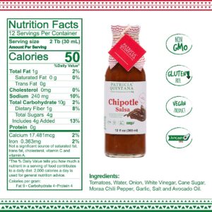 Patricia Quintana Chipotle Salsa- Authentic Artisanal Mexican Ingredients - Perfect topping to your tacos, burritos, enchiladas or other favorite food (12 oz, 2 Bottles)