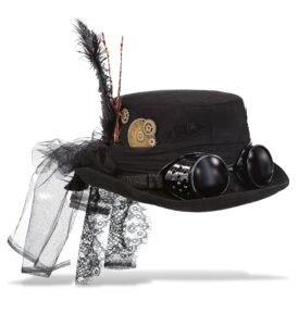 attitude studio fedora steampunk hat with goggles, feathers, and gears - black