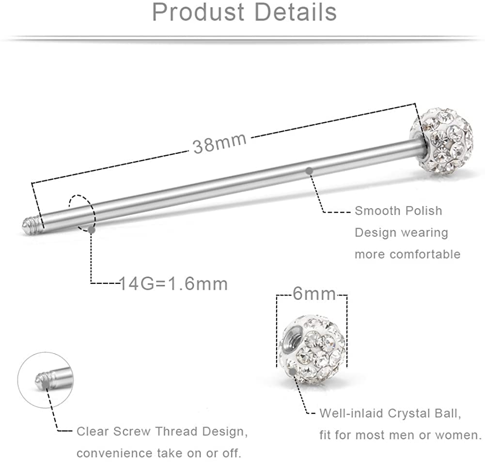 Incaton 14g Industrial Barbell Surgical Steel Cartilage Earrings CZ Industrial Earring Crystal Ferido Industrail Piercing 1 1/2"(38mm) Bar Length