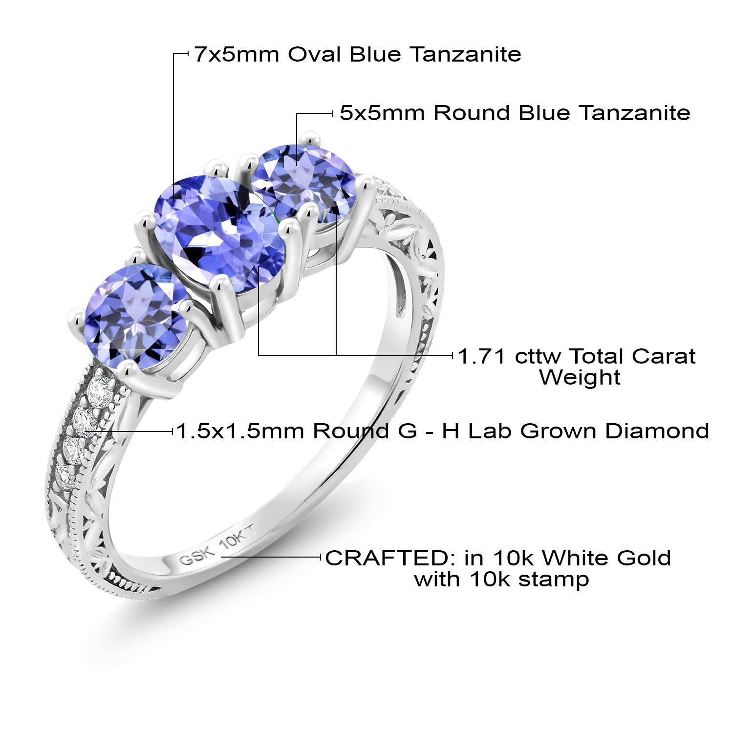 Gem Stone King 10K White Gold Blue Tanzanite and White Lab Grown Diamond 3 Stone Engagement Ring For Women (1.71 Cttw, Oval Gemstone December Birthstone, Available in size 5, 6, 7, 8, 9)