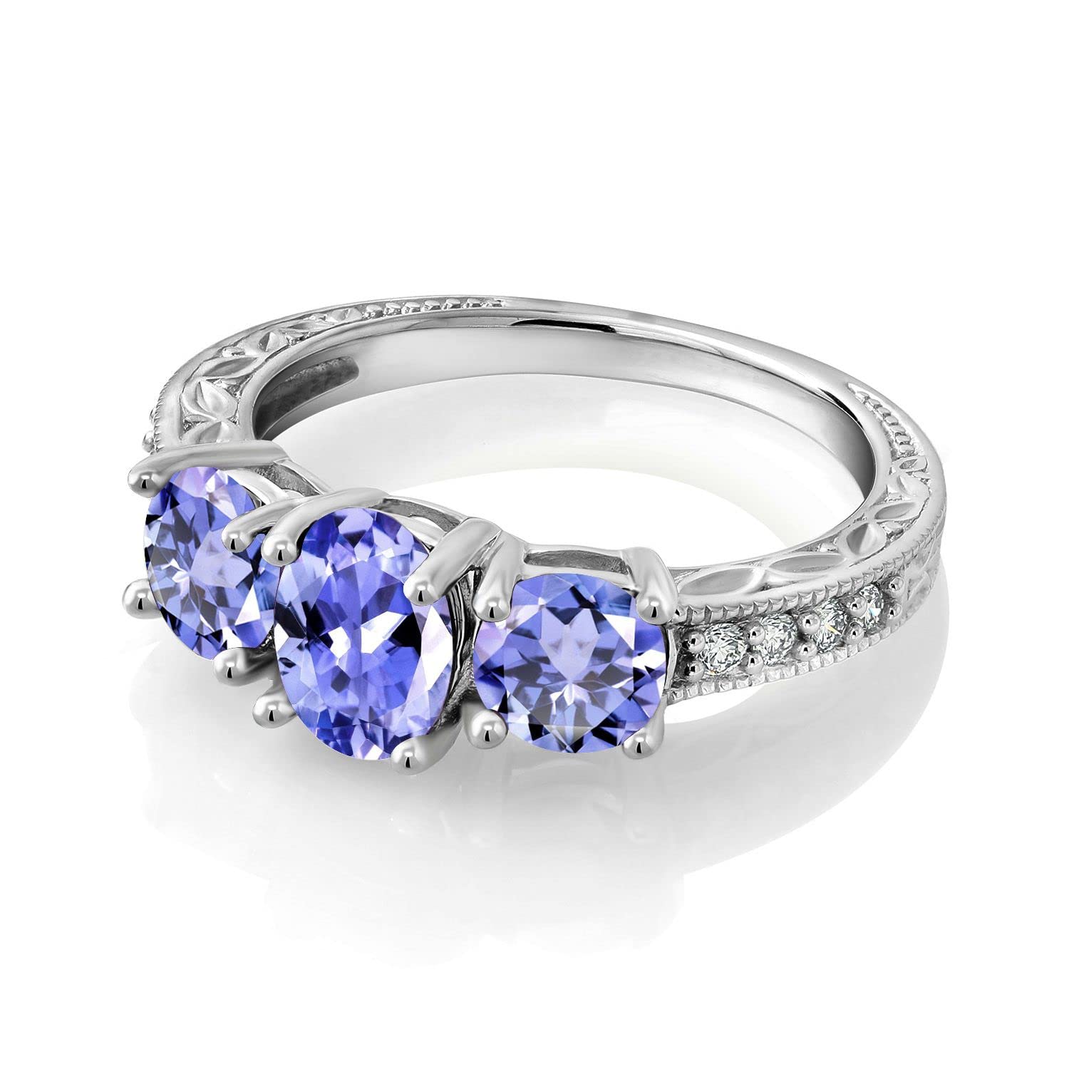 Gem Stone King 10K White Gold Blue Tanzanite and White Lab Grown Diamond 3 Stone Engagement Ring For Women (1.71 Cttw, Oval Gemstone December Birthstone, Available in size 5, 6, 7, 8, 9)