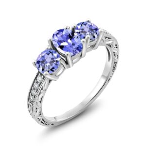 Gem Stone King 10K White Gold Blue Tanzanite and White Lab Grown Diamond 3 Stone Engagement Ring For Women (1.71 Cttw, Oval Gemstone December Birthstone, Available in size 5, 6, 7, 8, 9)