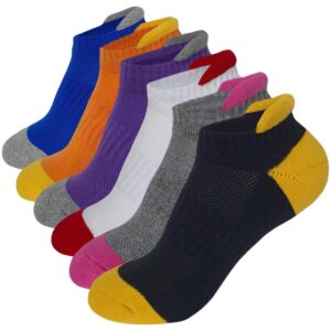 kony 6 pairs women's cotton thick cushioned colorful running athletic low cut ankle tab socks, size 6-9 (purple/orange/blue/white/grey/black)