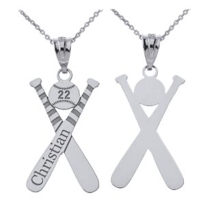 certified 14k white gold personalized baseball and baseball bat cross sports necklace with your name and number, 18"