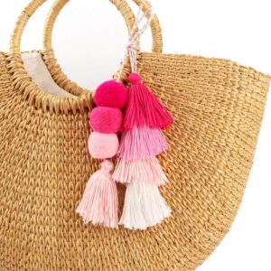 qtkj colorful bohemian pompom tassel keychain handbags straw bag charms ornaments key ring pompom pendant（pink 1）