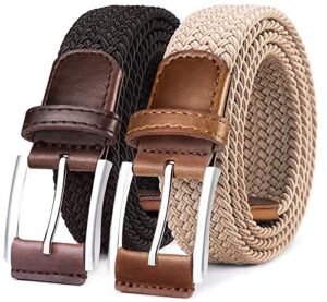 bulliant belt for men 2pack,mens gift stretch braided web belt elastic for casual golf jeans,1 3/8"(black/beige,36"-40" waist adjustable)