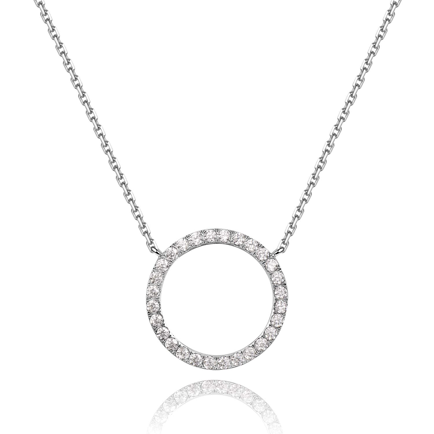 espere Rhodium Plated Paved Circle Pendant Sterling Silver Necklace for Women