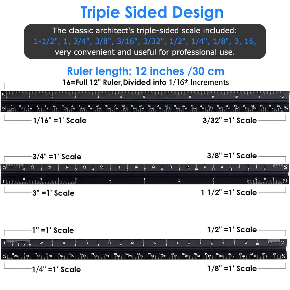 Architectural Scale Ruler,12" Aluminum Architect Triangular Ruler Engineers Ruler,Construction rulers for Architects, Blueprint,Students, Draftsmen and Engineers by Soraco(Black)