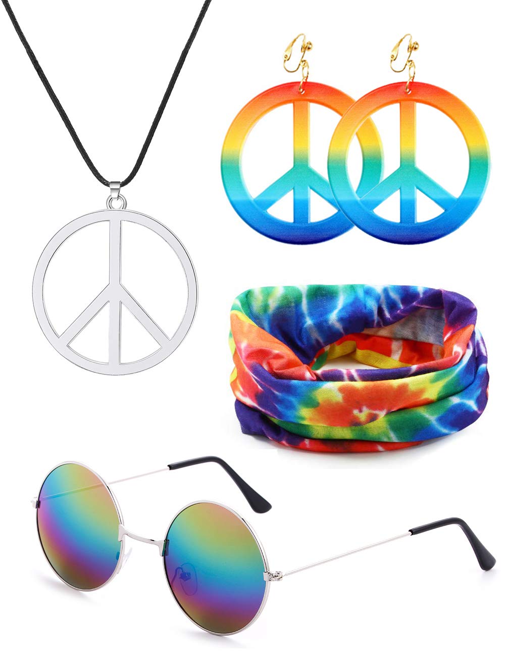 VALIJINA Hippie Costume Set Sunglasses Peace Sign Earrings Tie Dye Headband Bandana 60s or 70s Hippie Accessories