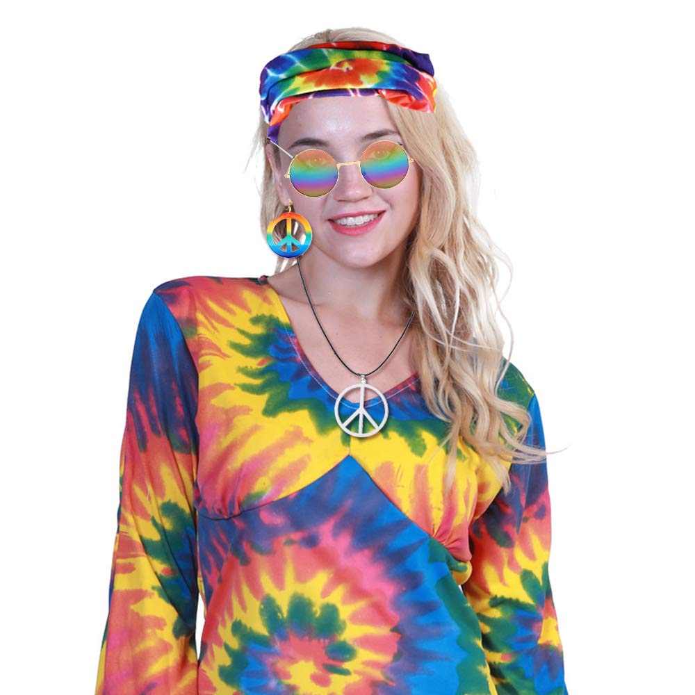 VALIJINA Hippie Costume Set Sunglasses Peace Sign Earrings Tie Dye Headband Bandana 60s or 70s Hippie Accessories