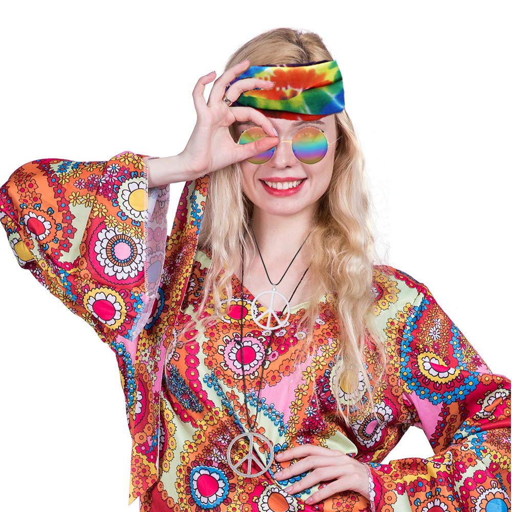 VALIJINA Hippie Costume Set Sunglasses Peace Sign Earrings Tie Dye Headband Bandana 60s or 70s Hippie Accessories