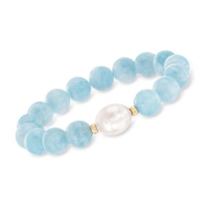 ross-simons 12-13mm cultured baroque pearl and 140.00 ct. t.w. aquamarine bead stretch bracelet with 14kt yellow gold. adjustable size