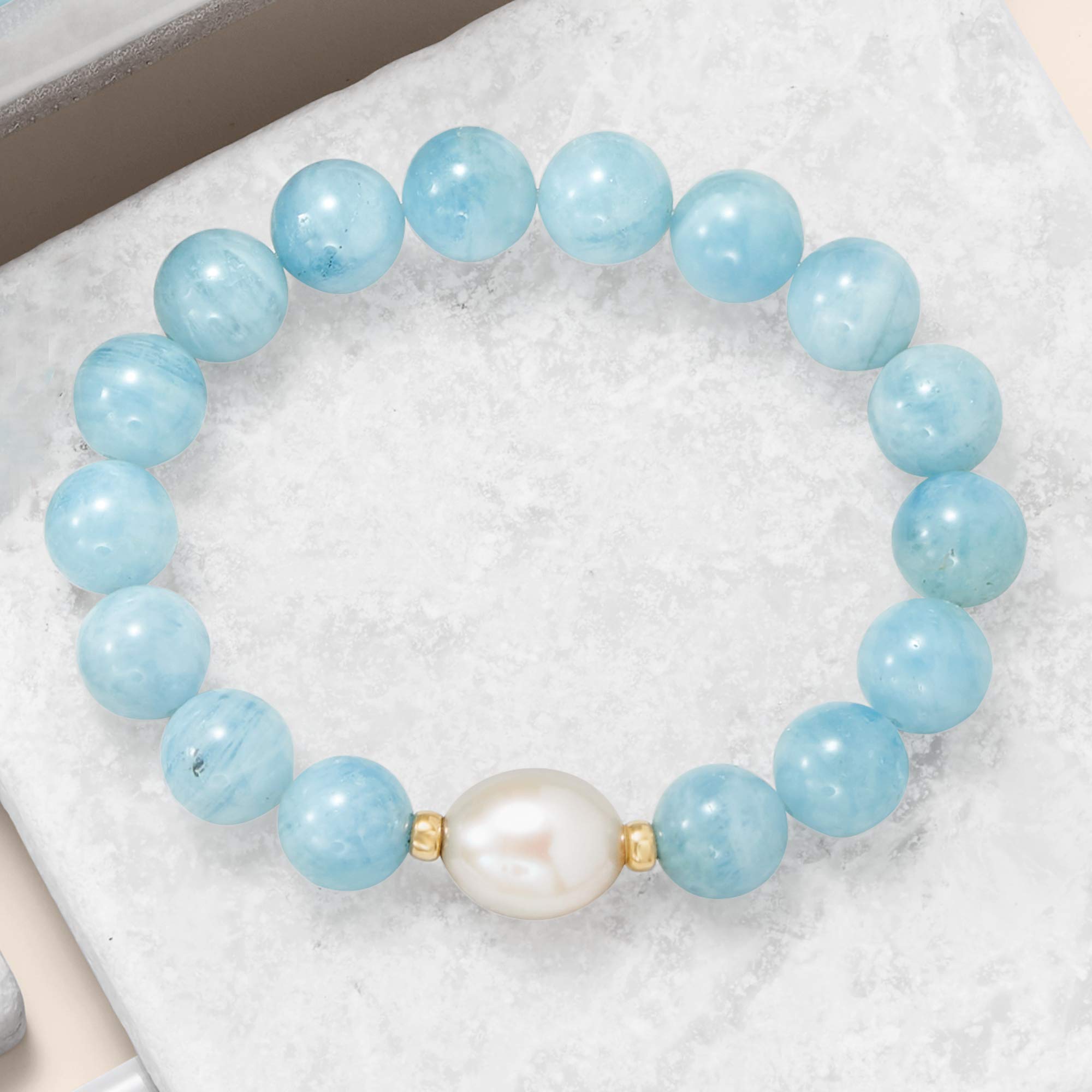 Ross-Simons 12-13mm Cultured Baroque Pearl and 140.00 ct. t.w. Aquamarine Bead Stretch Bracelet With 14kt Yellow Gold. Adjustable Size