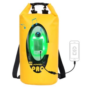 qoolife dry bag waterproof with solar bluetooth speaker & light - 20l roll top dry sack keeps gear dry for men women kayaking, beach, rafting, boating, hiking, camping and fishing (yellow-bl)